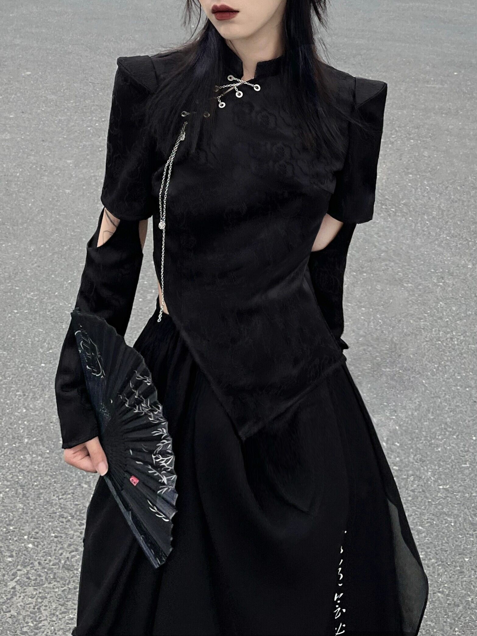 Asymmetrical Metallic Chain Cheongsam Top+ Calligraphy Print Pants ...