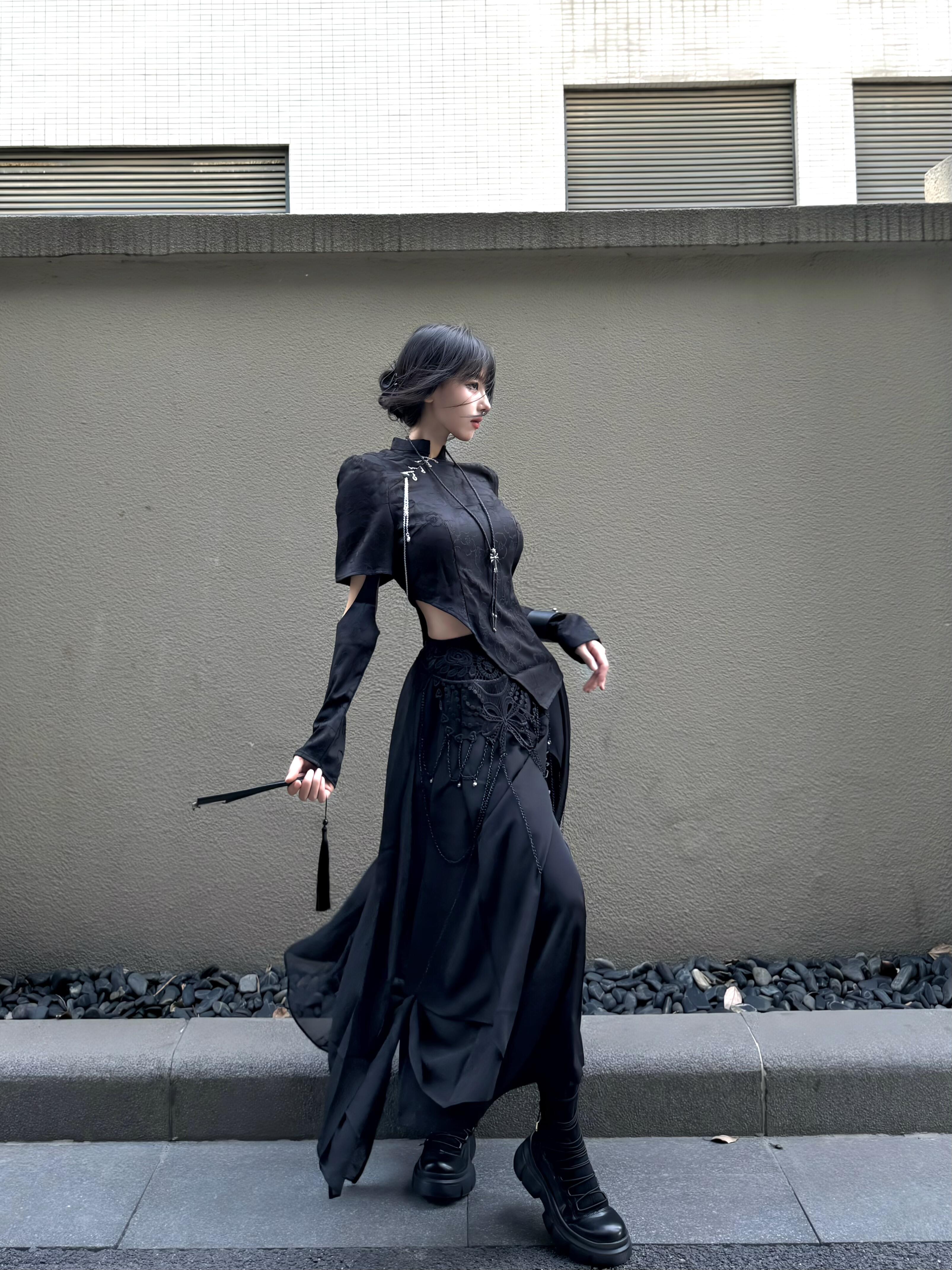 Asymmetrical Metallic Chain Cheongsam Top+ Calligraphy Print Pants ...